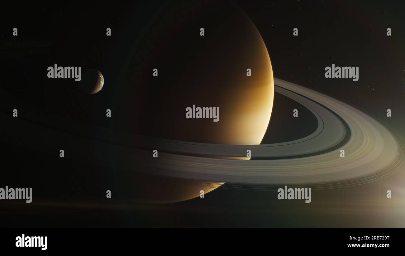 Illustration Realistic 3D graphics of sunlit Saturn and its moon Mimas ...