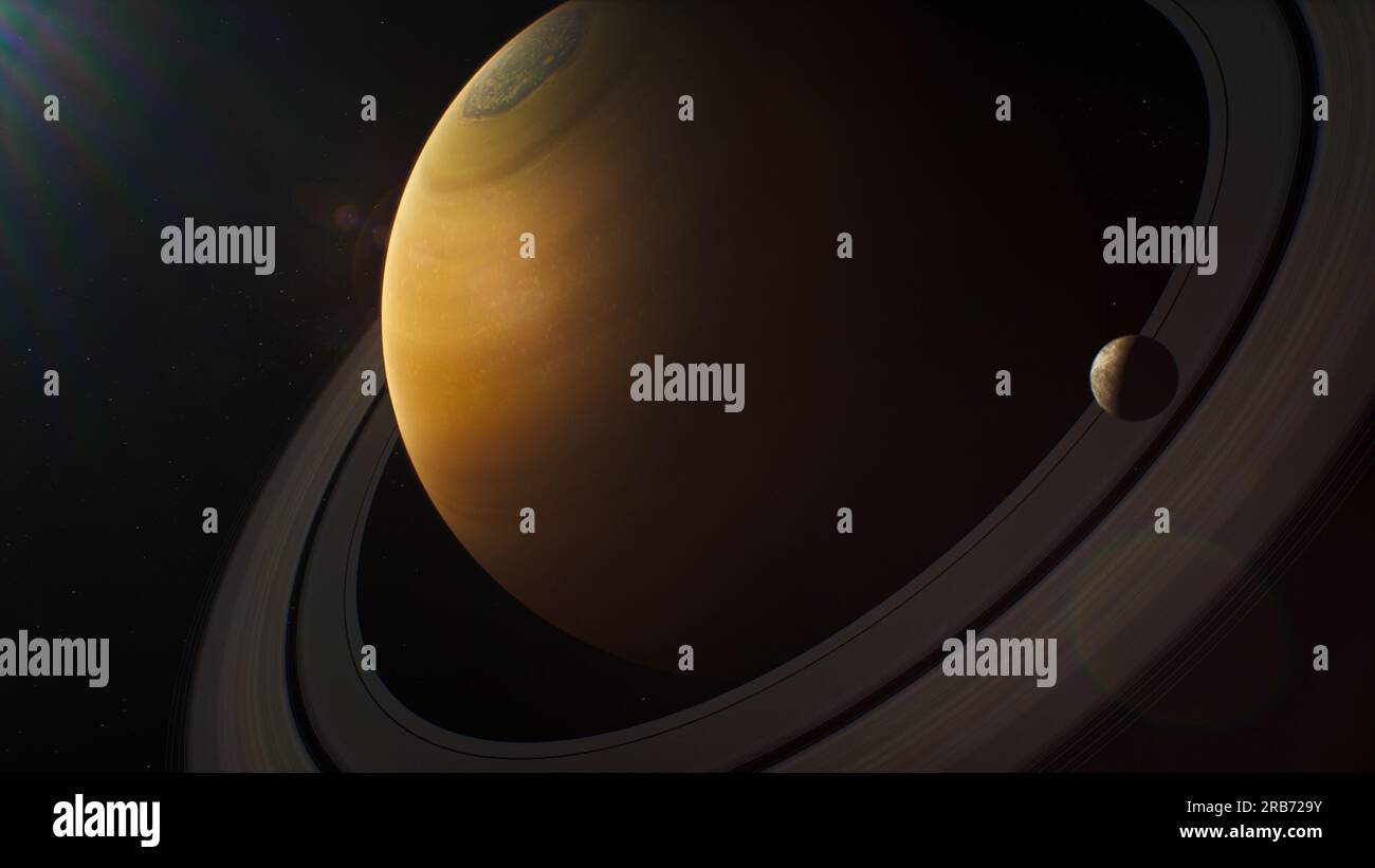 Illustration of Saturn and its moon Mimas, Dione or Titan rotating in ...