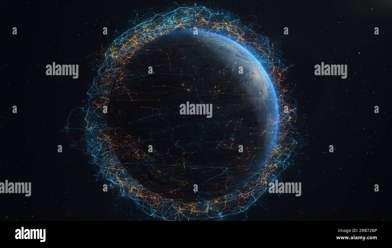 3D Render of futuristic animation of digital lines over the Earth globe. Transfer 5G ...