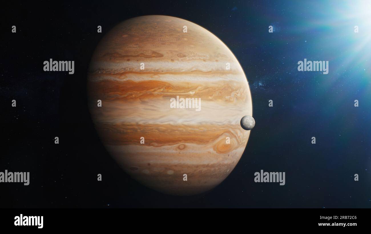 Illustration Cinematic 3D graphics of Jupiter and its moon Io, Europa ...