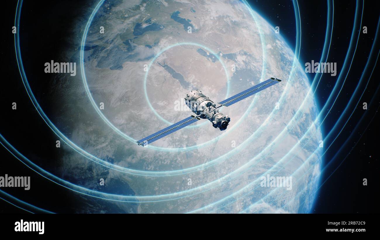 Illustration 3D abstract animation of satellite in orbit transmitting ...