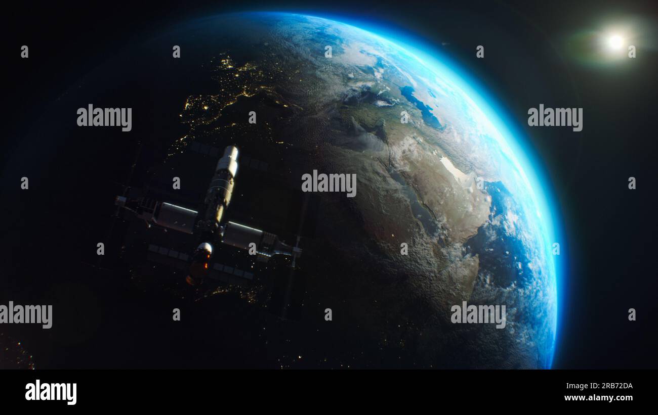 Illustration of Earth globe rotating in outer space. Satellite or ISS ...