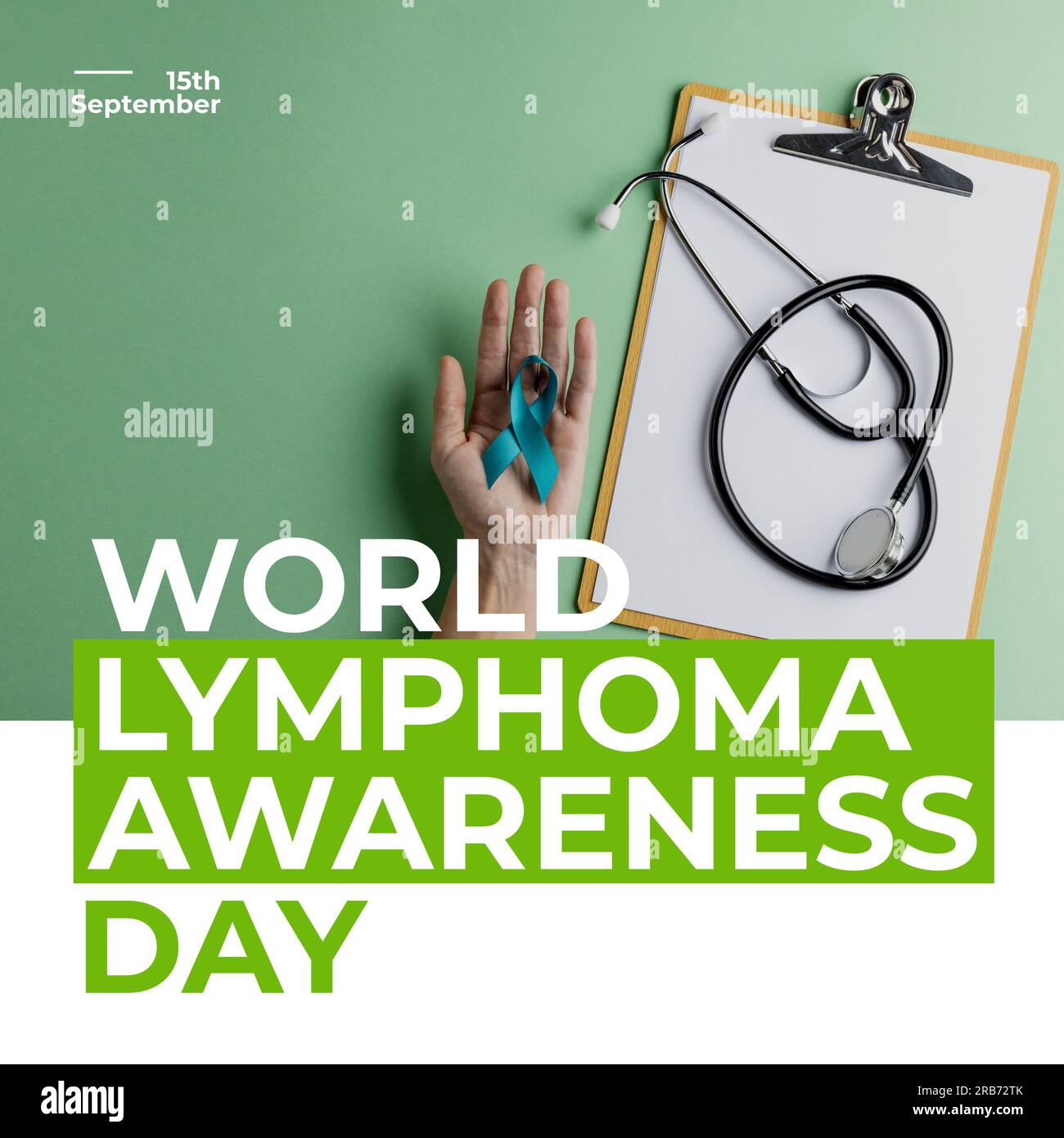 World lymphoma awareness day text, caucasian female hand and green ...