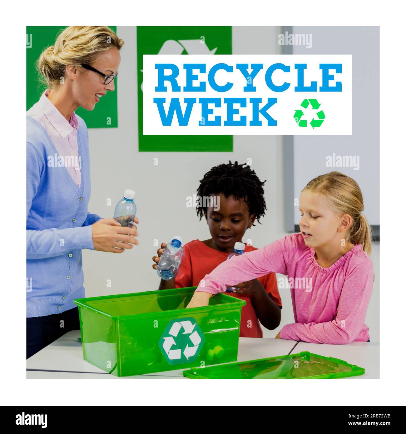 Recycle week text over diverse female teacher and schoolchildren ...