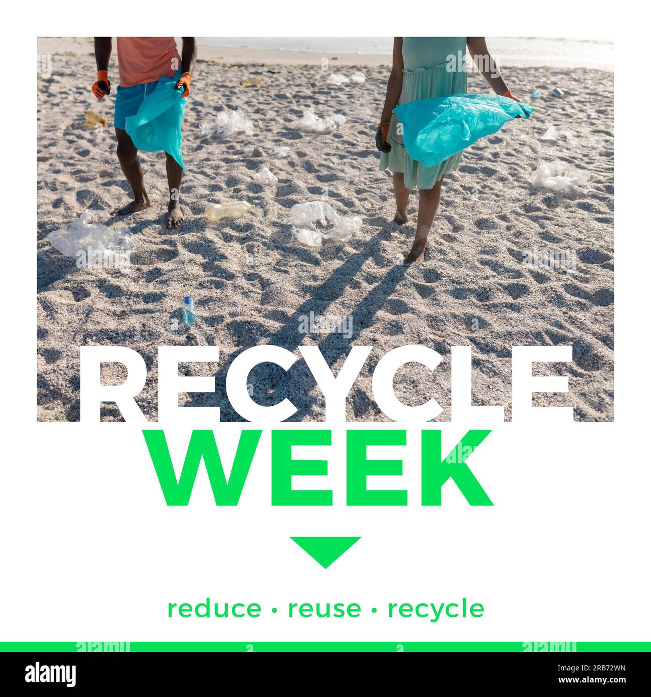 Recycle week text in white and green with diverse couple collecting ...