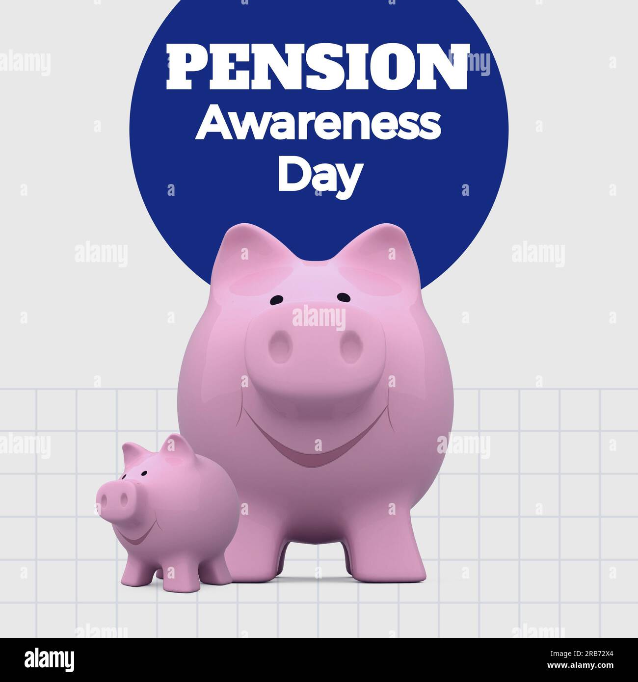 Pension awareness day text in blue circles with smiling piggy banks on ...