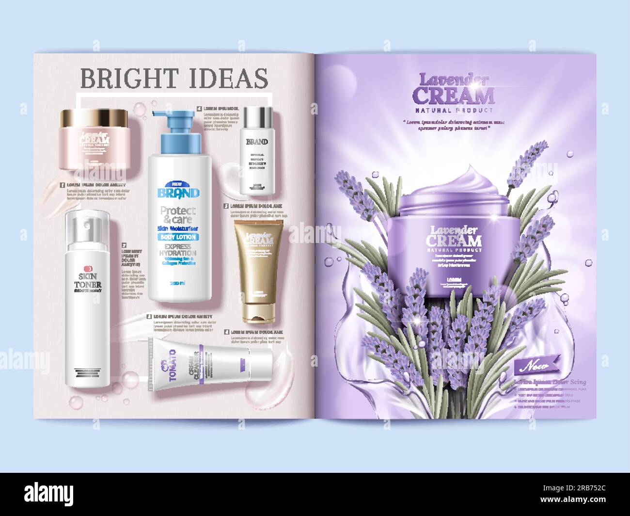 Cosmetic magazine brochure, lavender cream with splashing water and top ...