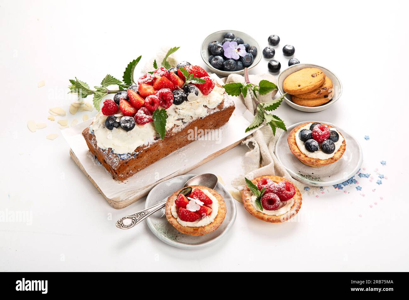 Dessert table. Top view, Summer cake with berries. Healthy dessert ...