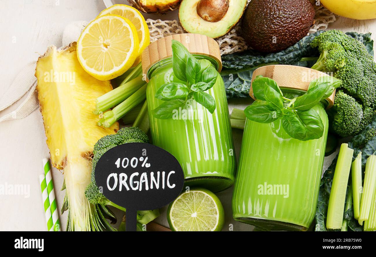 Healthy green smoothie in a eco friendly jar on white background. Zero ...