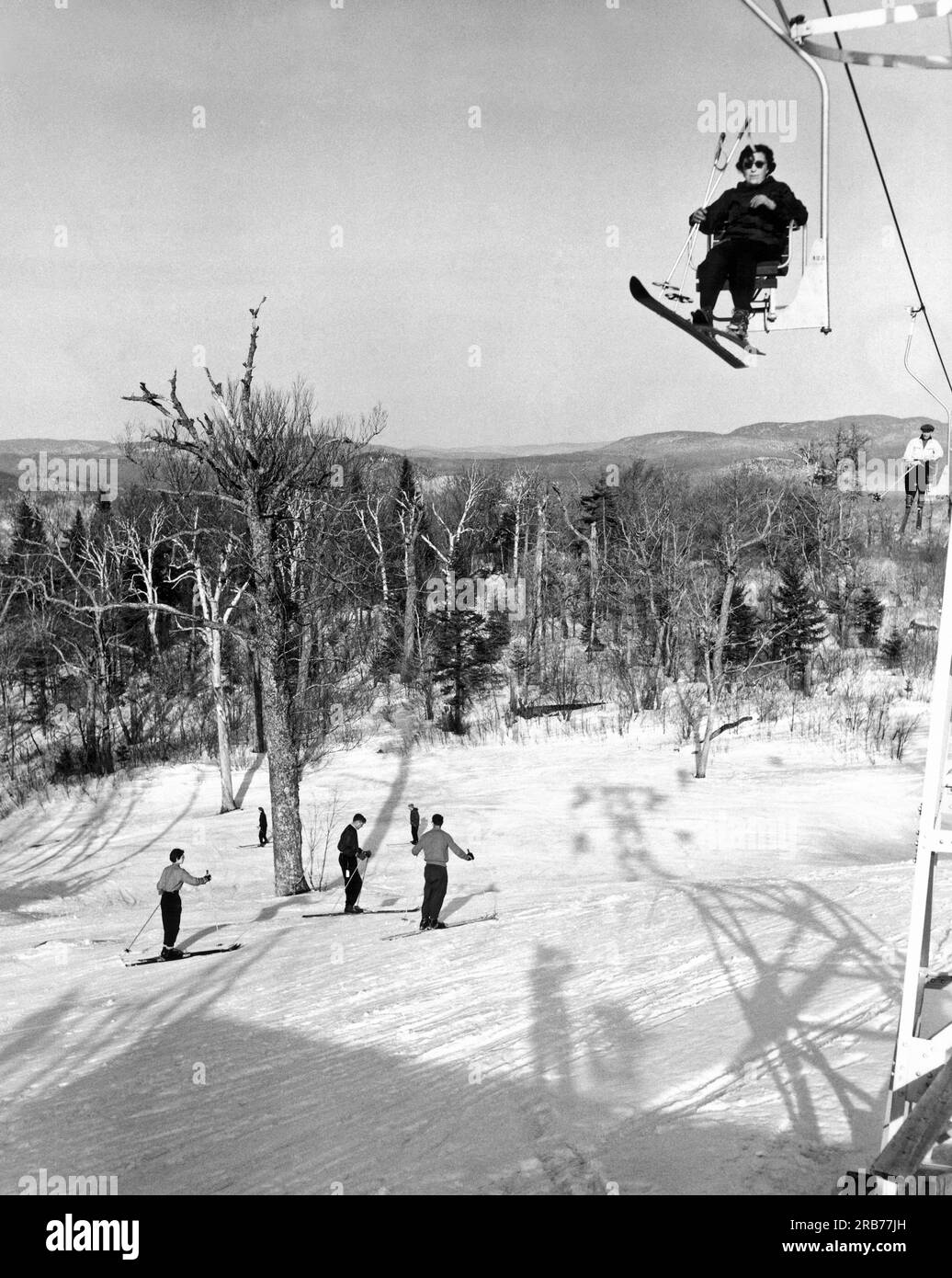 Canada: c. 1953. This photo shows the single ski lift at a Canadian Ski ...