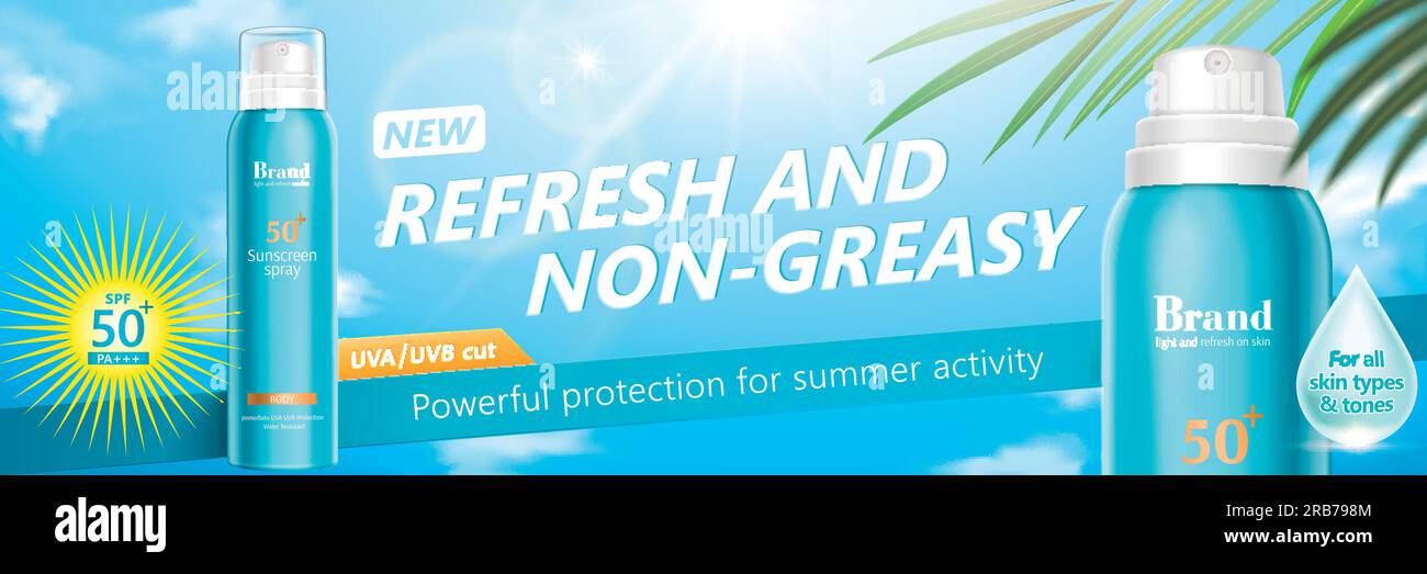 Summer sun spray banner ads in 3d illustration on blue sky background ...
