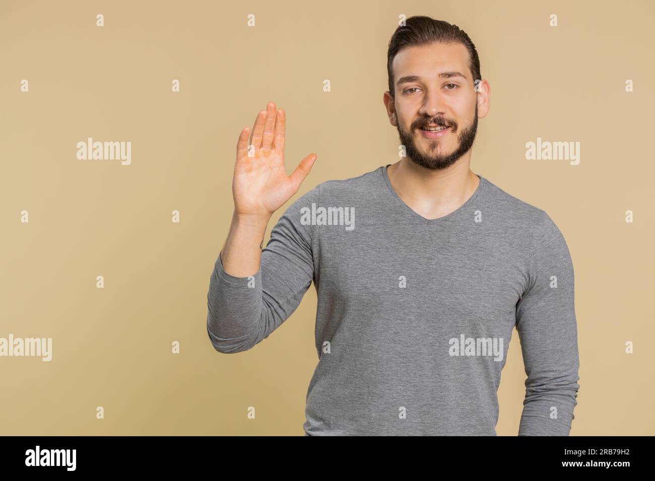 Come here, join us. Welcome. Middle eastern bearded man showing ...