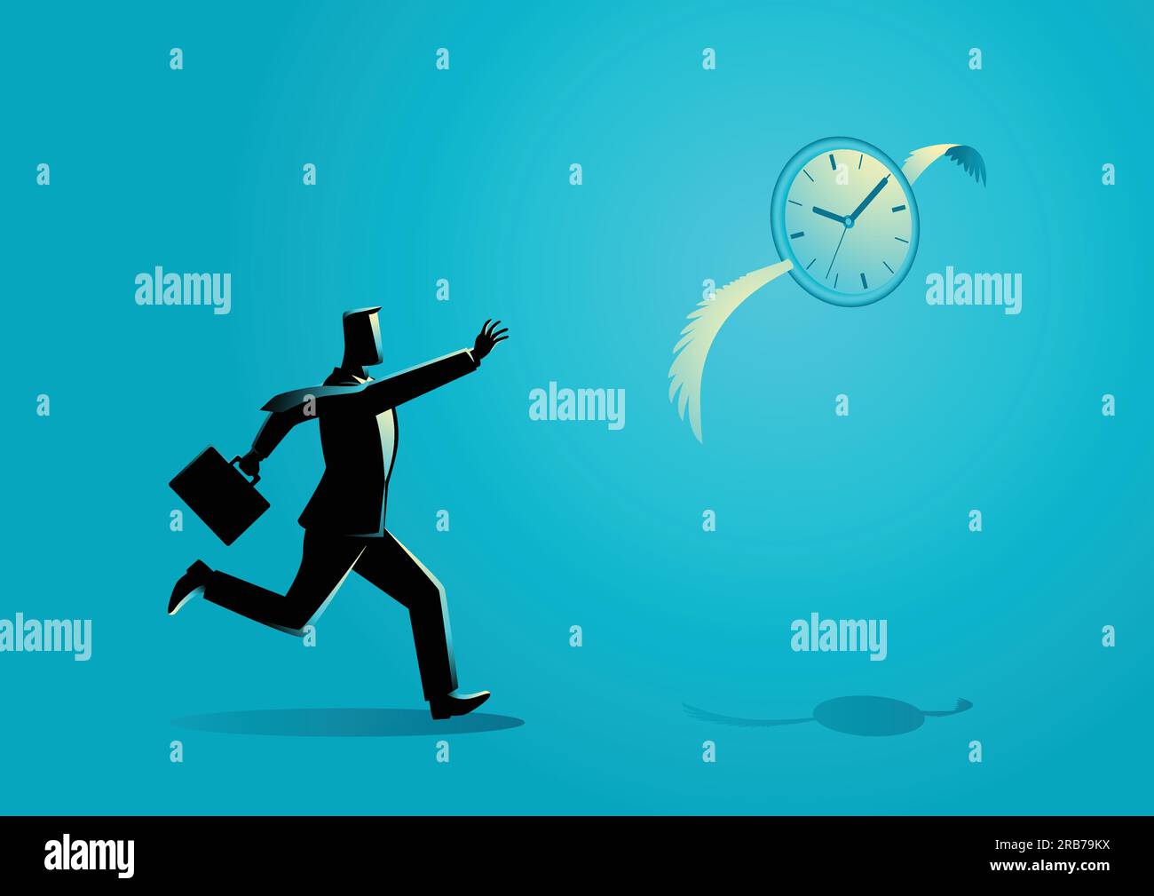 Business concept illustration of a businessman chasing a flying clock ...