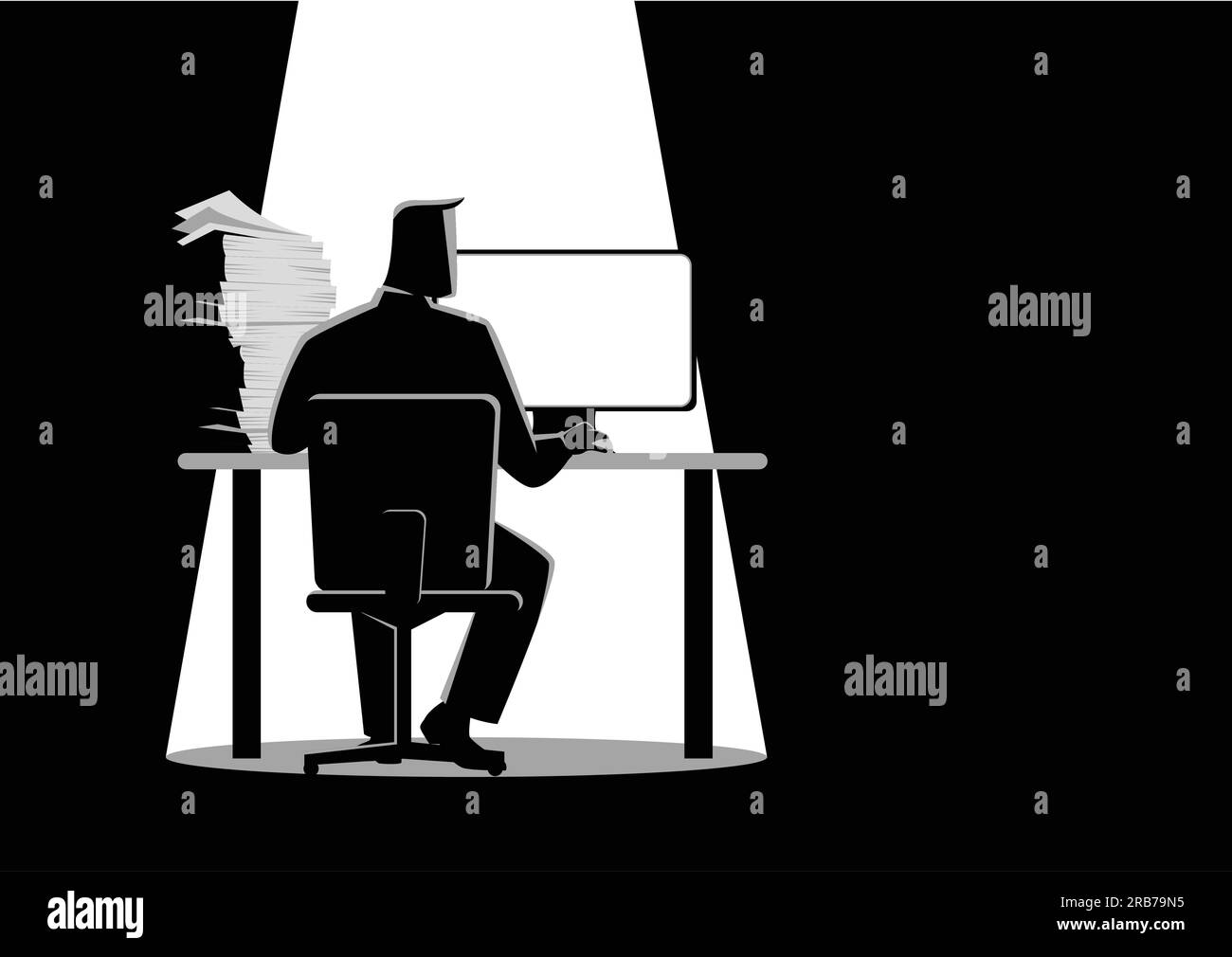 Business Illustration Of A Man Working Behind Desktop Computer From Back View Stock Vector Image