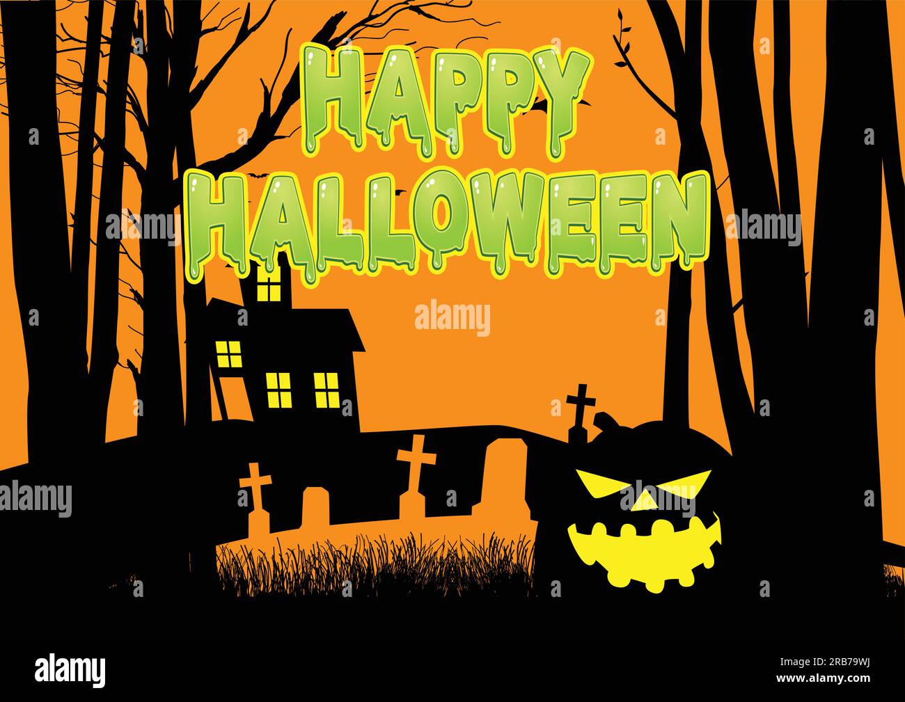 Graphic illustration of a scary house and cemetery in the woods, for ...