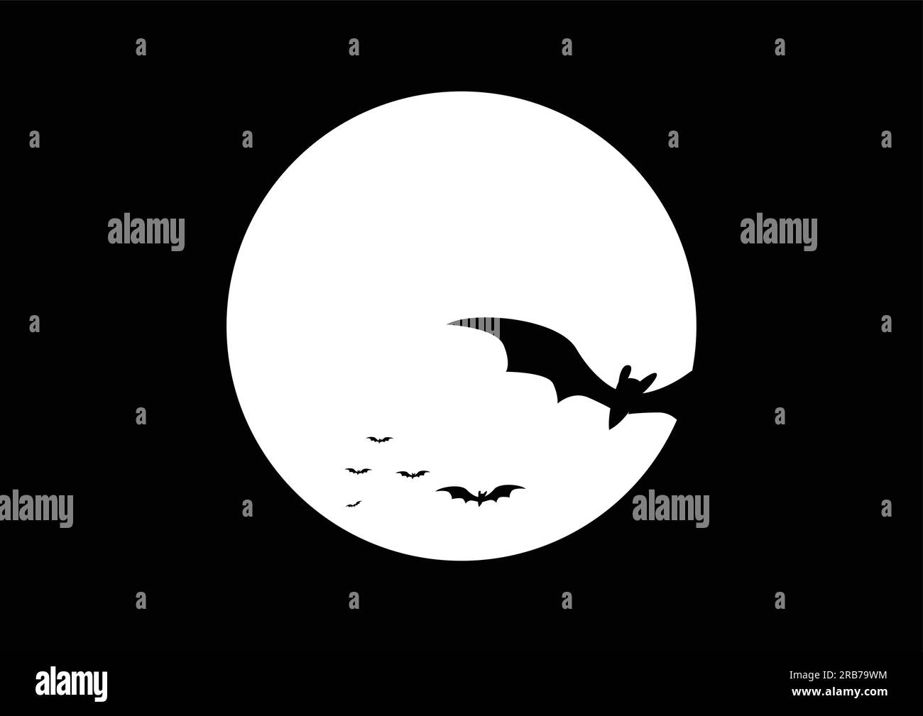 Simple black and white illustration of bats flying with a full moon in ...