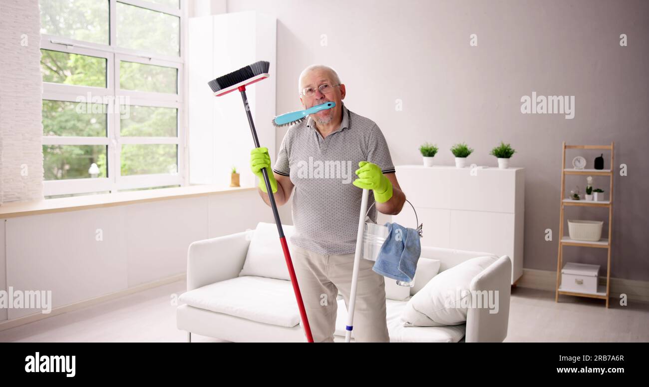 Funny Confused Cleaner Man In Various With Various Cleaning Equipment ...