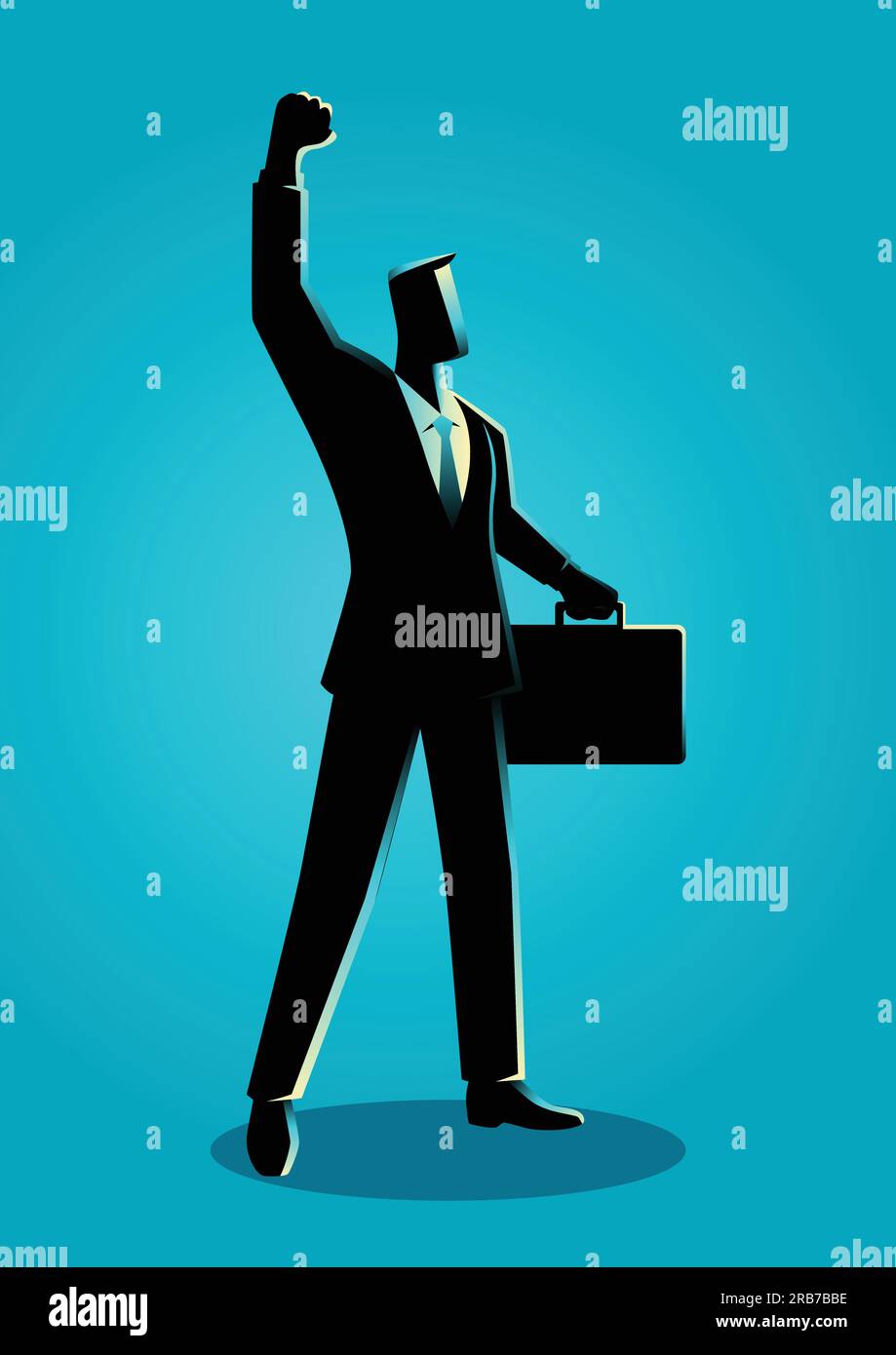 Business illustration of a confident businessman raising his right arm ...