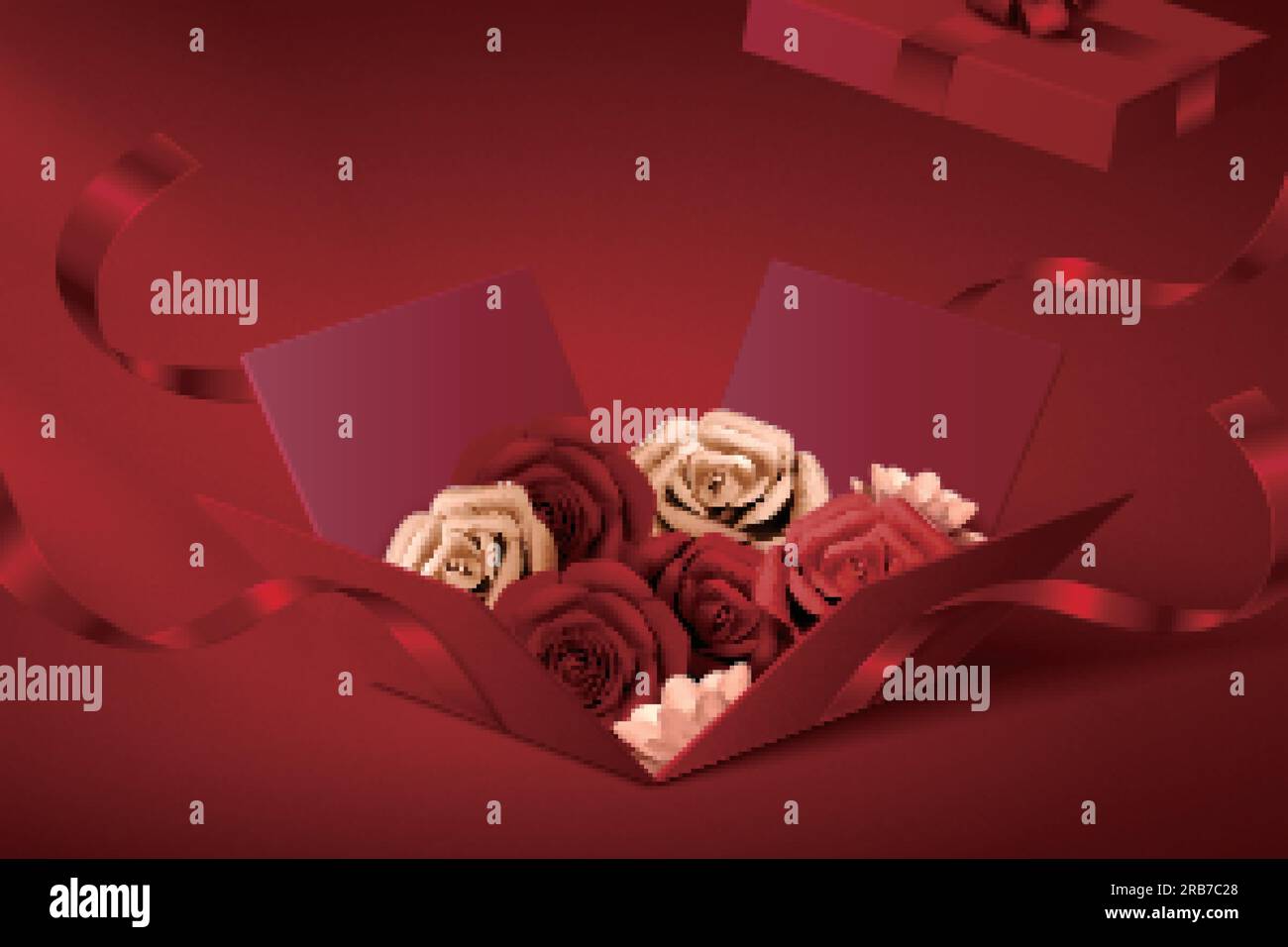Paper roses in open gift box on red background, 3d illustration Stock ...
