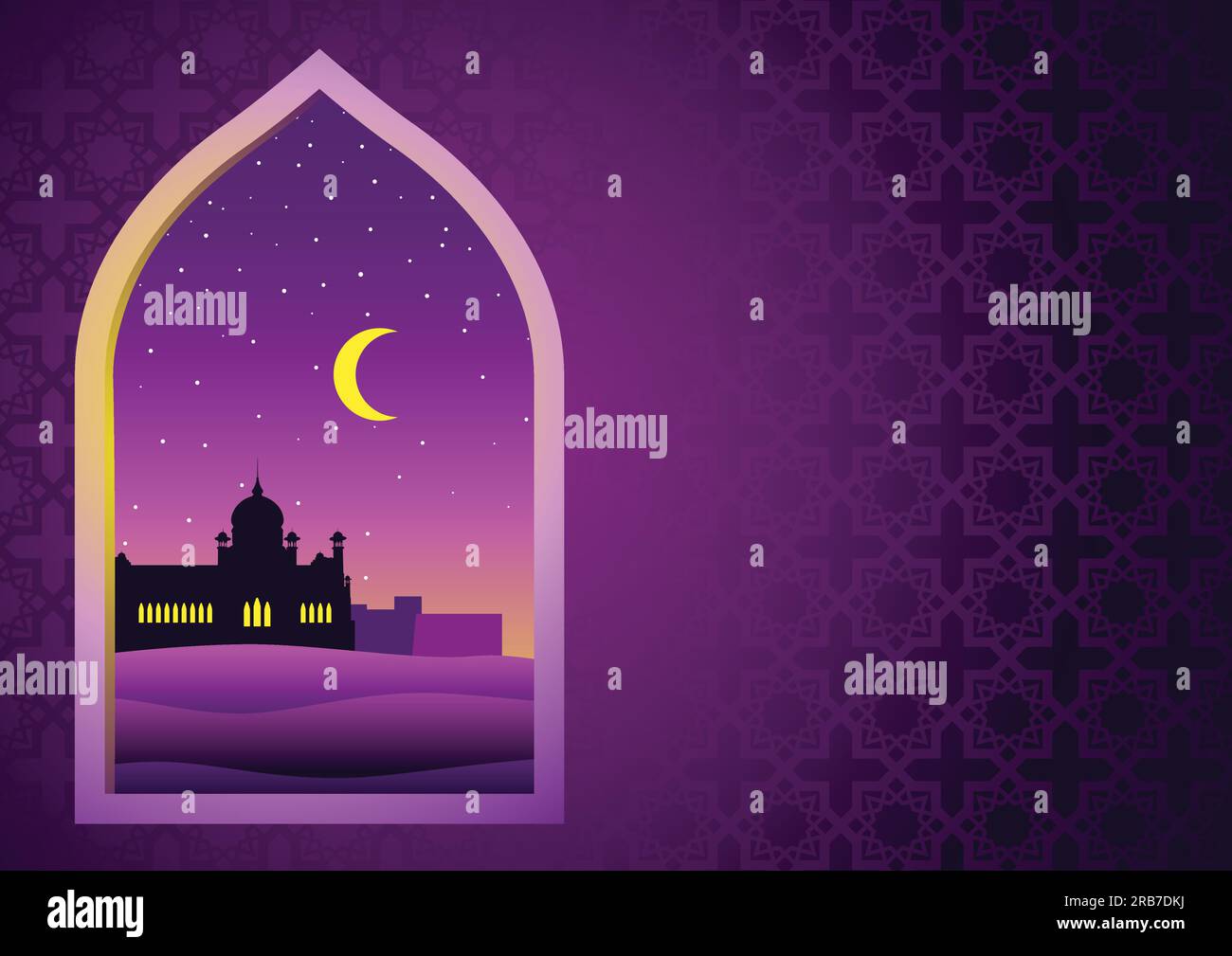Illustration for month of Ramadan, Mosque on desert seen through mosque ...