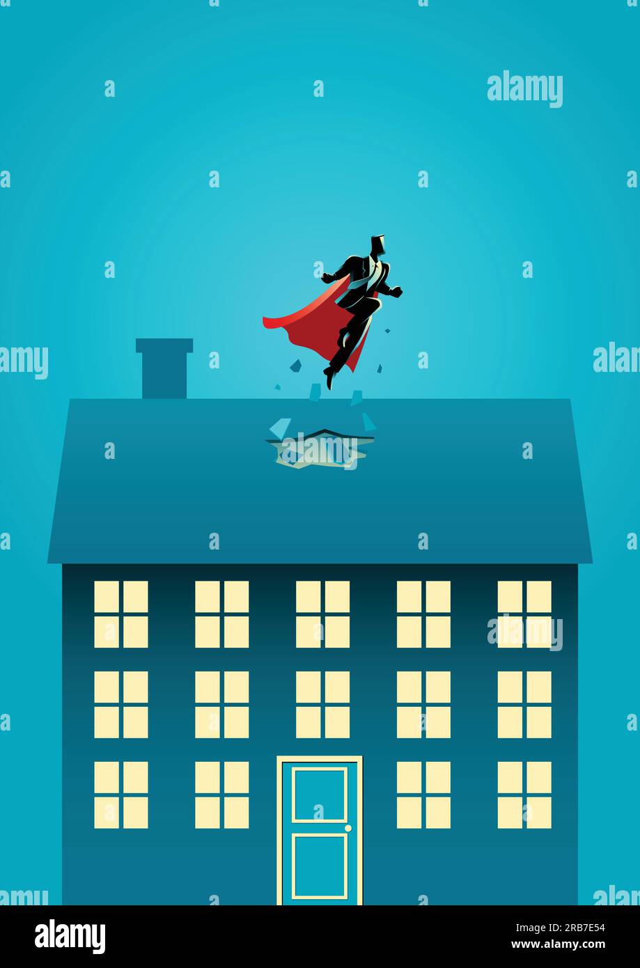 Business concept illustration of a superhero businessman flying through ...