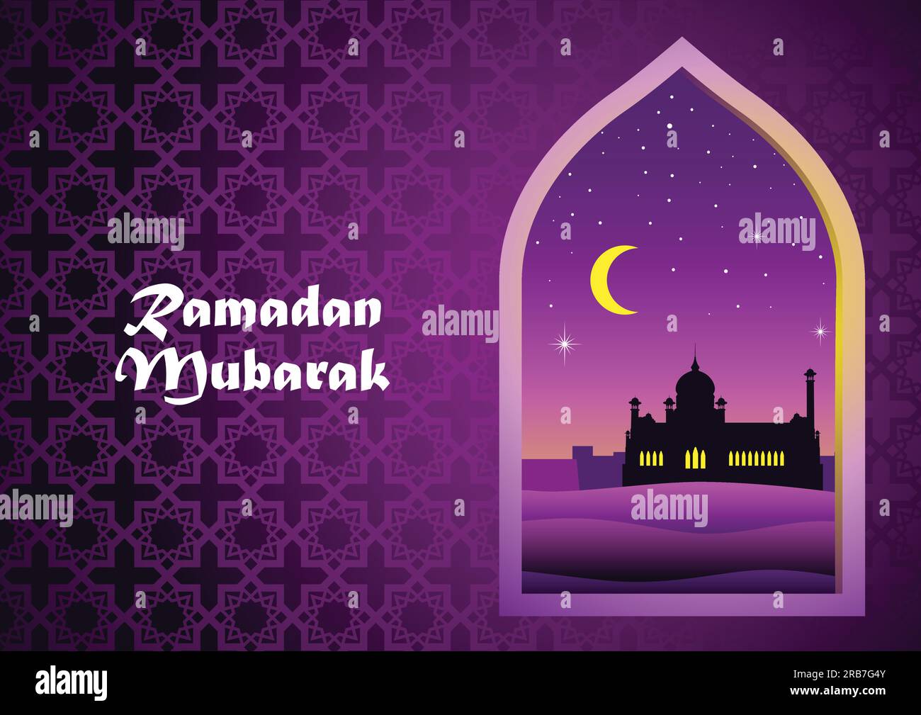 Illustration for month of Ramadan, Mosque on desert seen through mosque ...