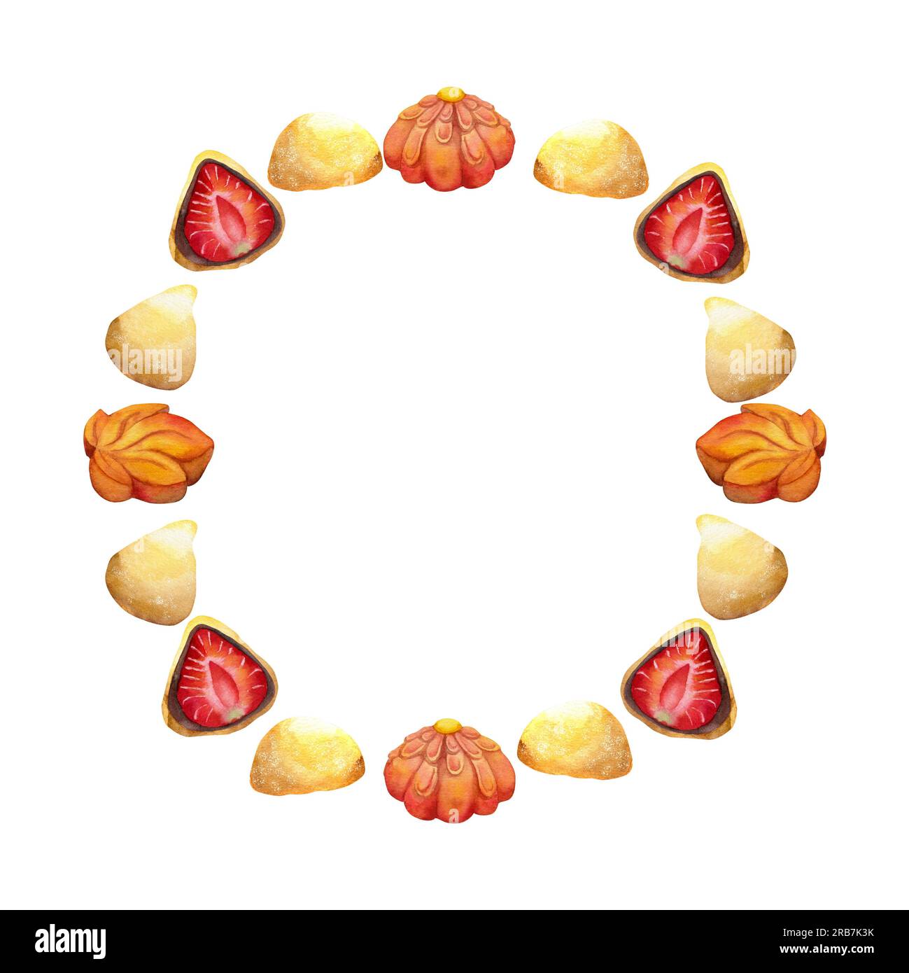 Watercolor hand drawn traditional Japanese sweets. Circle wreath of ...
