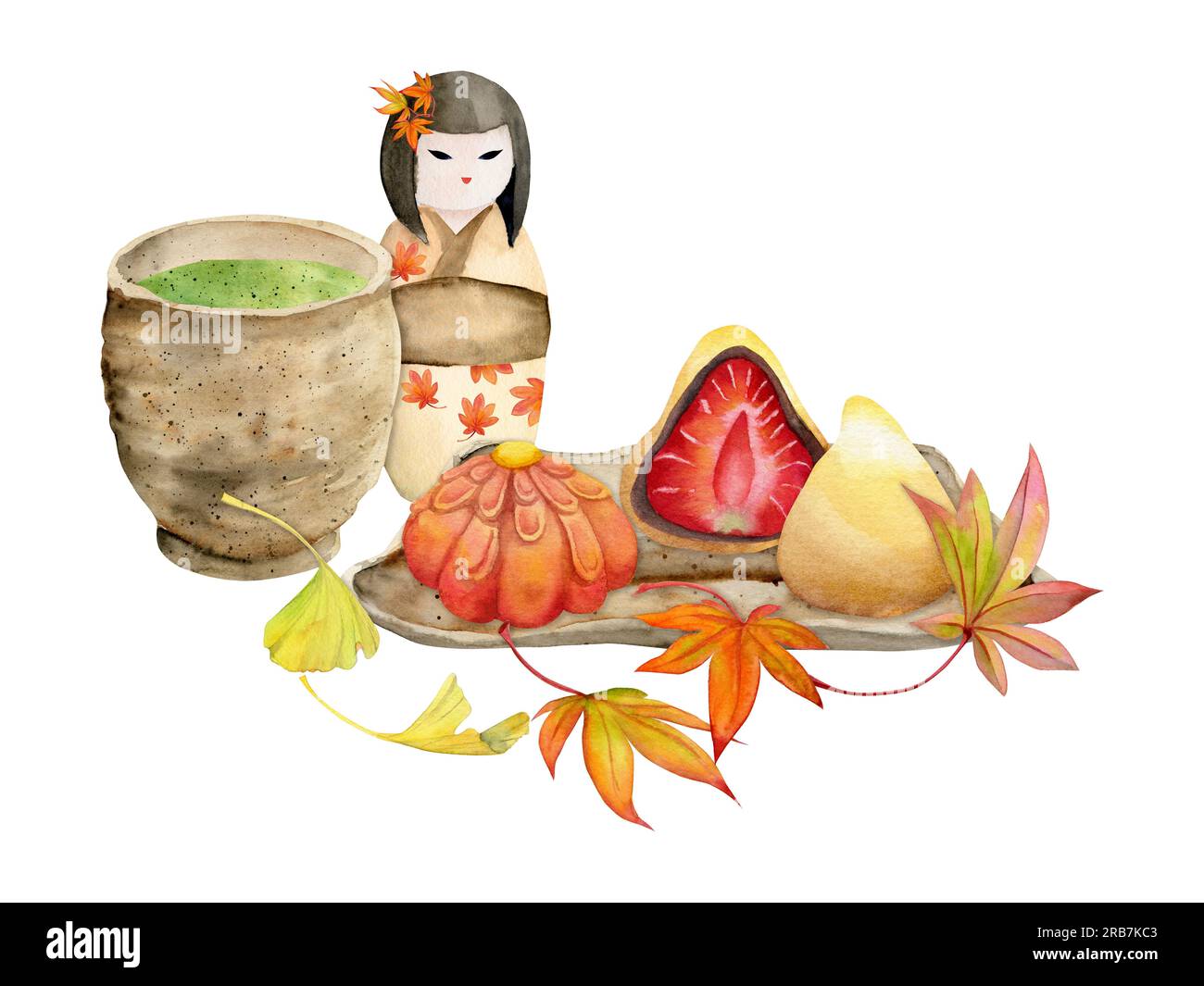 Watercolor hand drawn traditional Japanese sweets. Autumn wagashi with ...