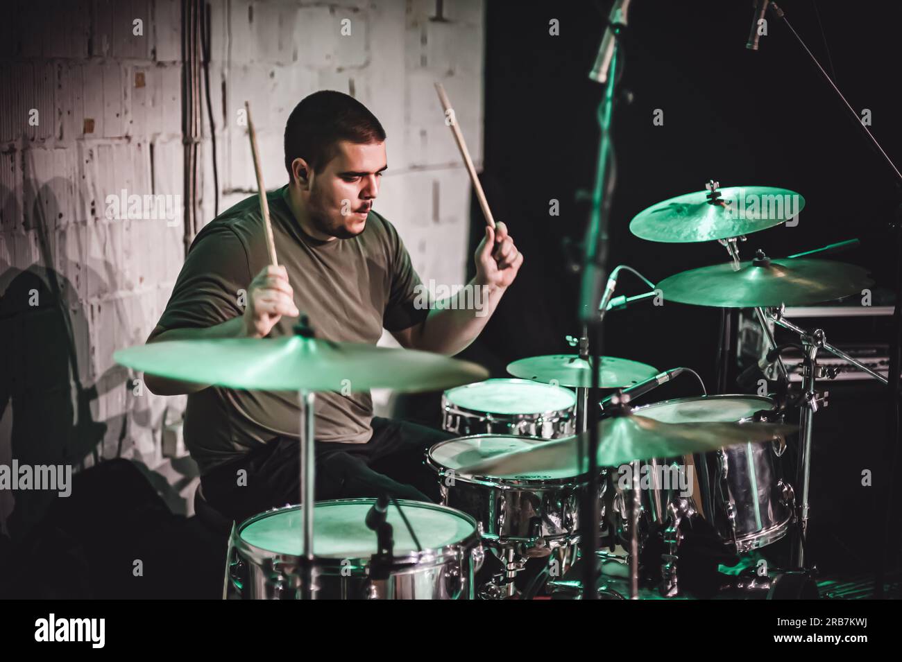 Drum music band drummer artist have solo live performance on a stage ...