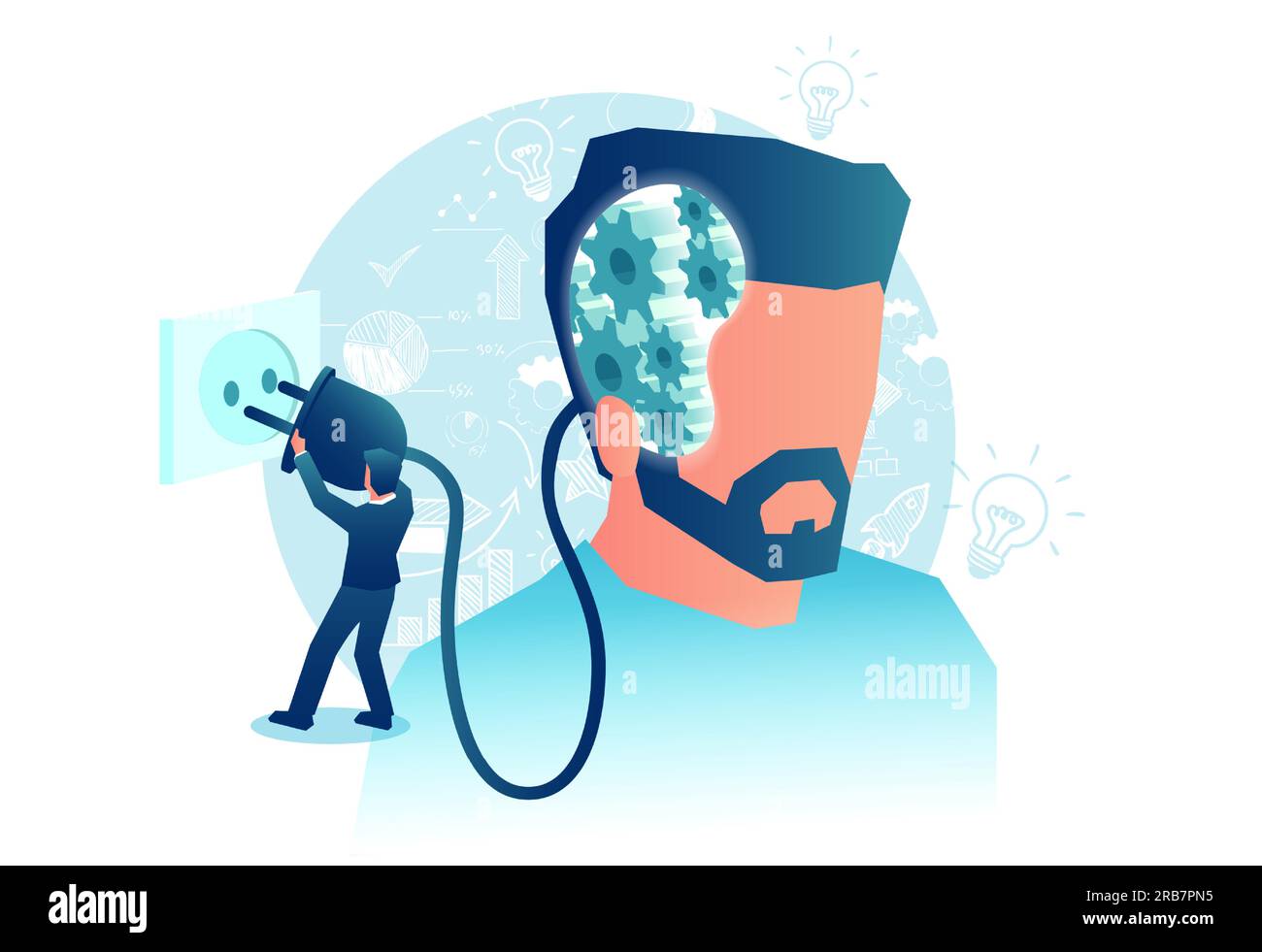 Vector of a man head with gear mechanisms inside being power plugged into a socket. Brain ...