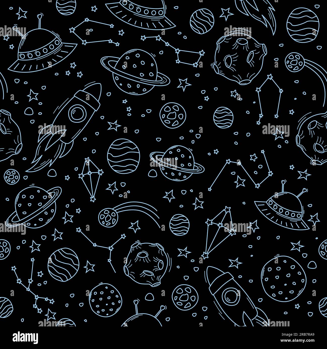 Various space objects. Pattern with space on a black background Stock ...