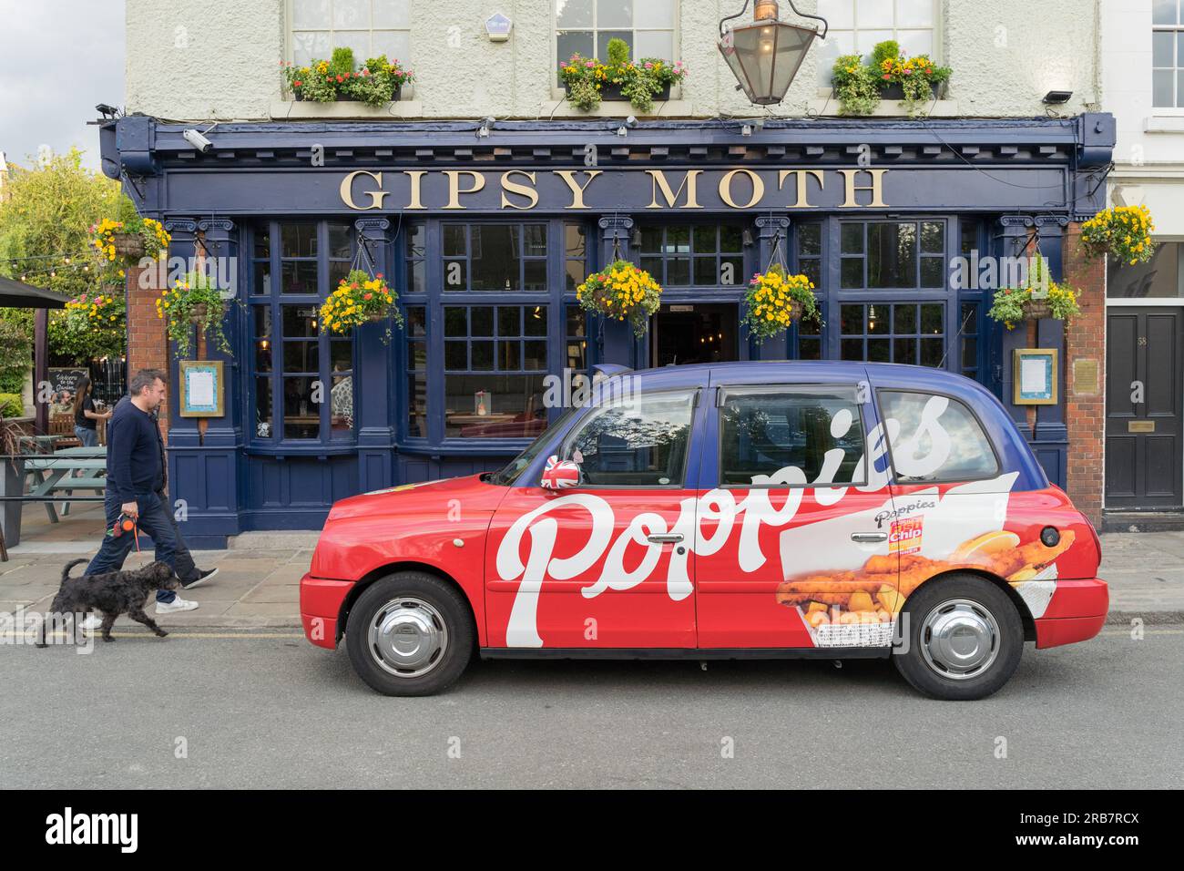 a man with his dog walks beside blackcap taxi painted with a Poppies ...