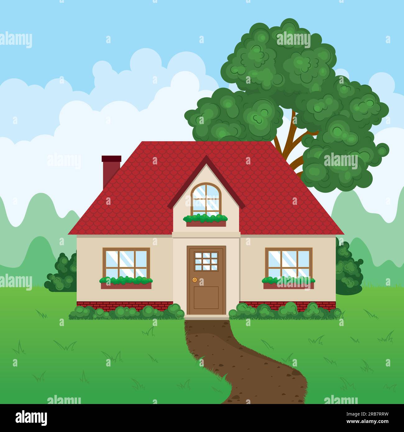 Landscape with a beautiful house, tree and bushes Stock Vector Image ...