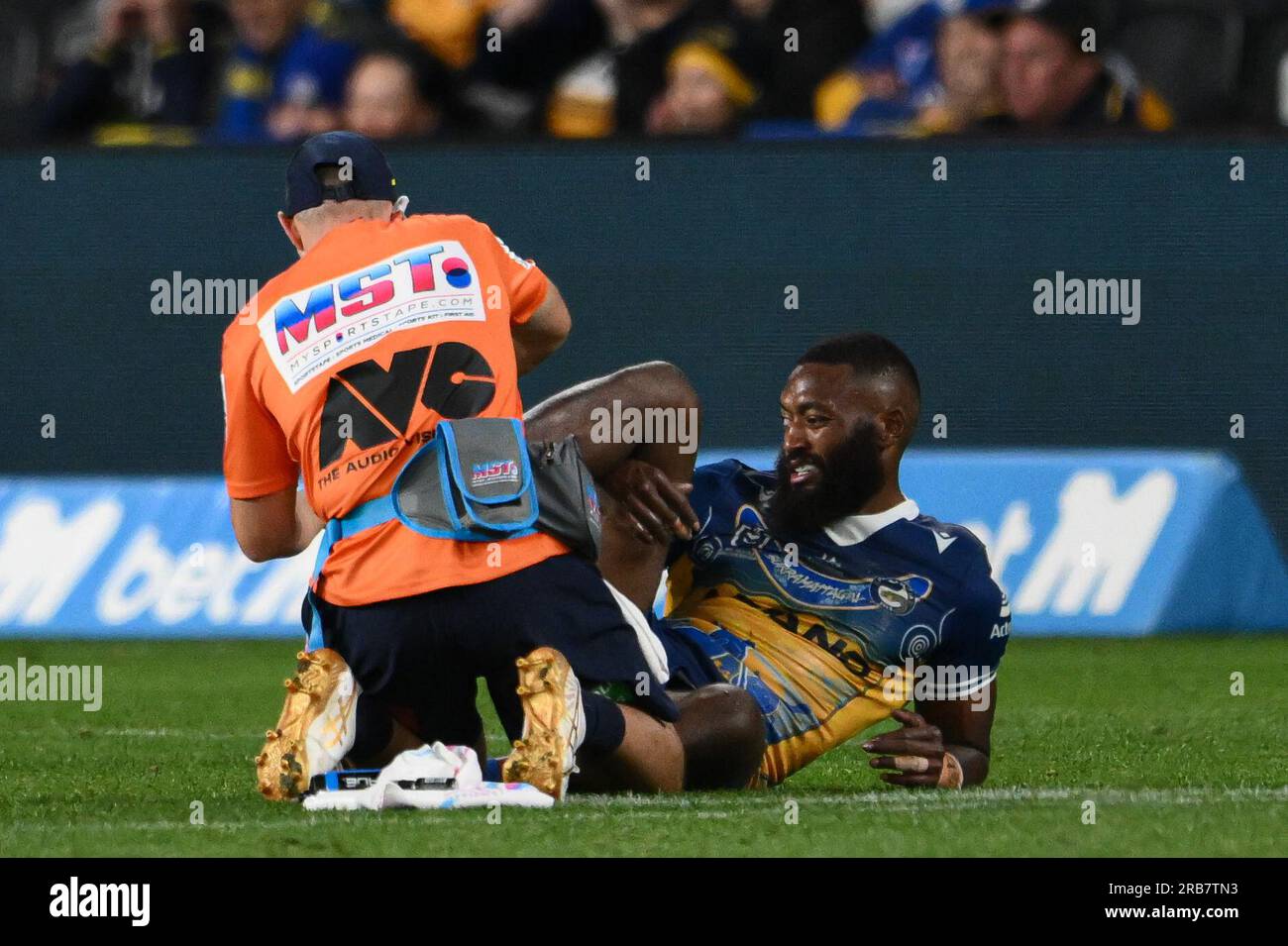 Sydney, Australia. 08th July, 2023. Isaac Lumelume of the Eels receives ...