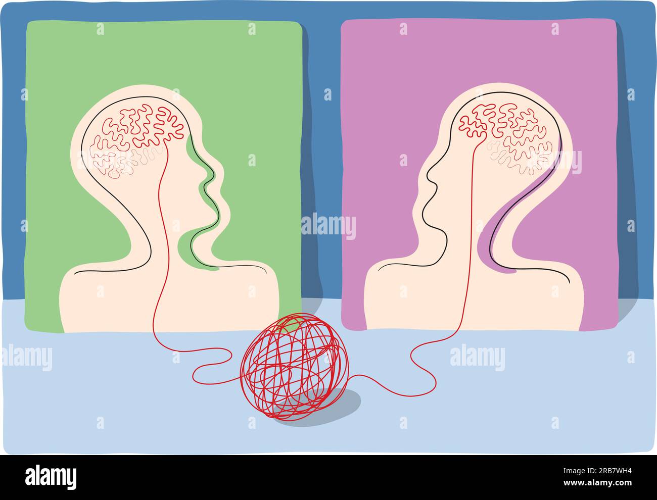 Surreal drawing of profile heads with wire in shape of brain, tied with ...