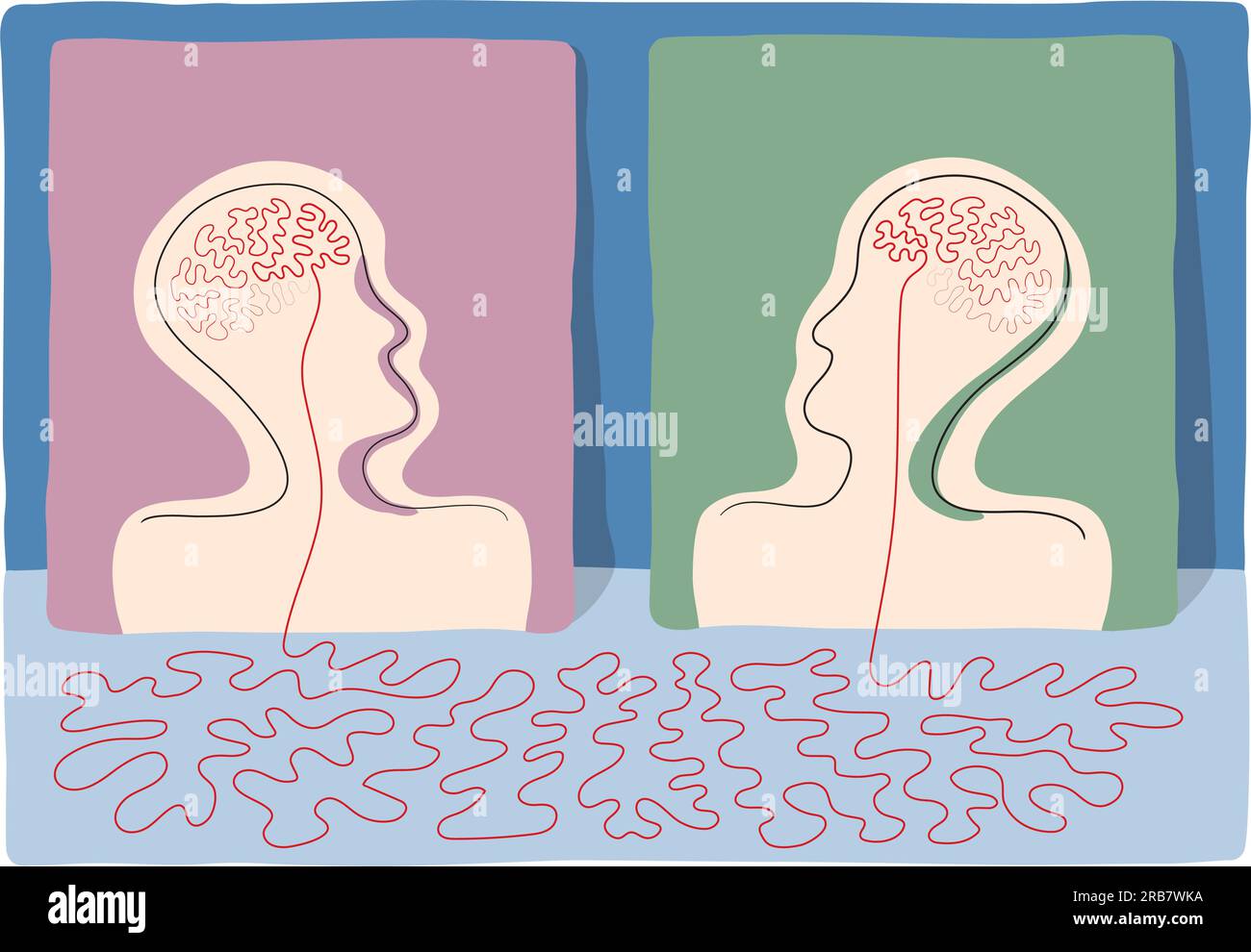 Surreal drawing of profile heads with wire in shape of brain, tied with ...