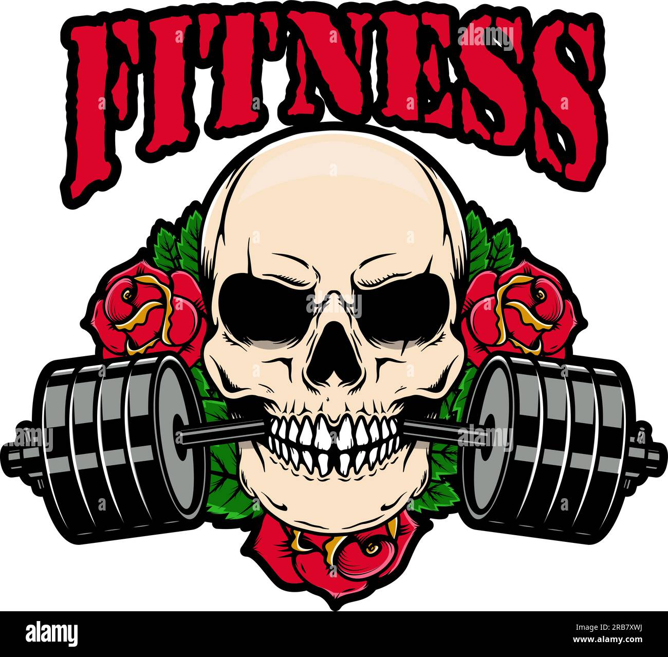 A black and white vector illustration of a skull with a barbell in its ...