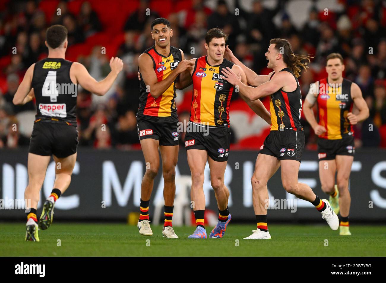 Melbourne, Australia. 08th July, 2023. Nasiah Wanganeen-Milera, Jack Steele and Jack Sinclair of ...