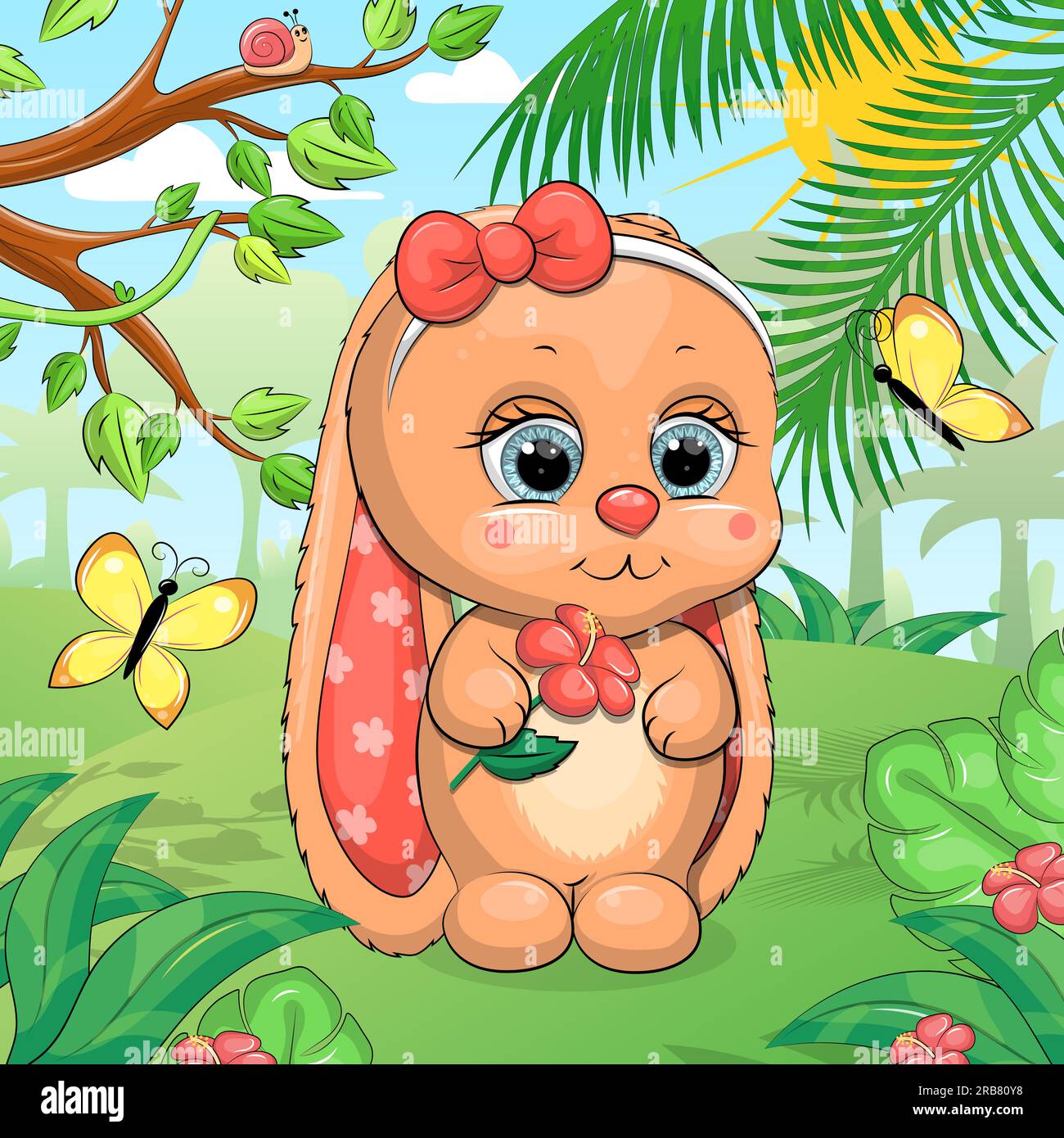 Cute cartoon rabbit in the garden. Vector illustration of an animal ...