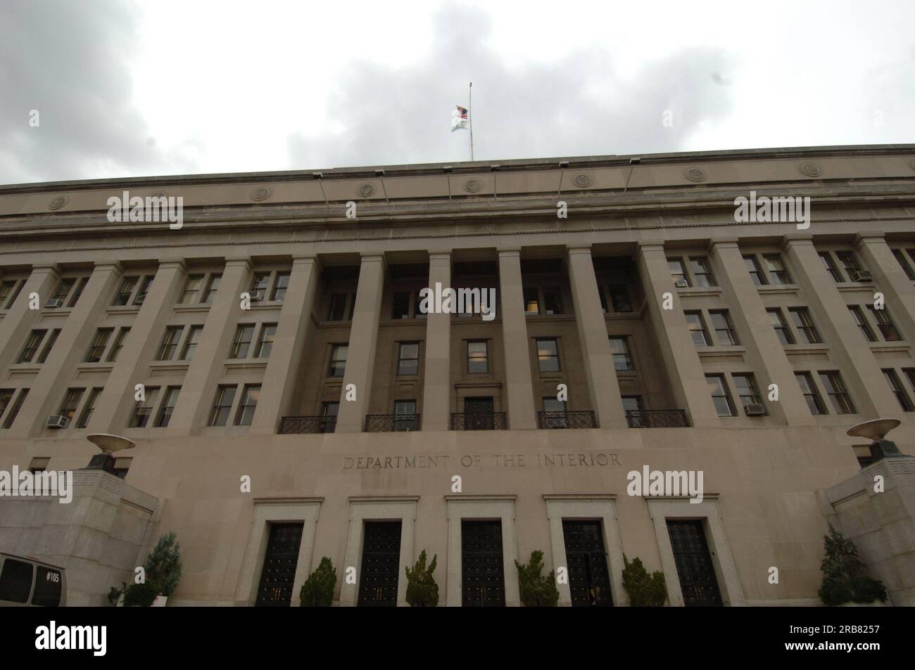 Views of the front of Main Interior Building, flag Stock Photo - Alamy