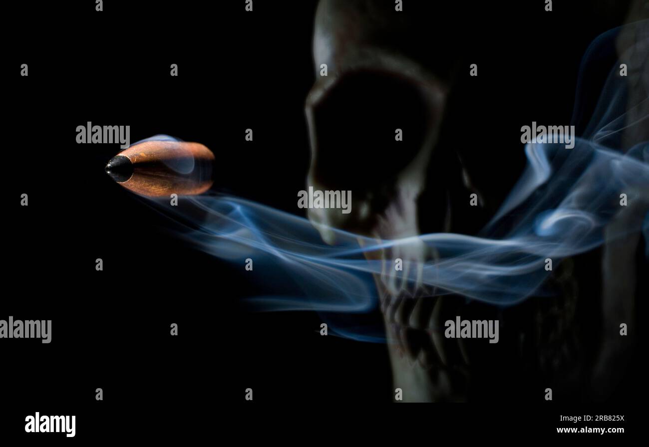 One shot from the grim reaper with a smoking bullet flying across the ...