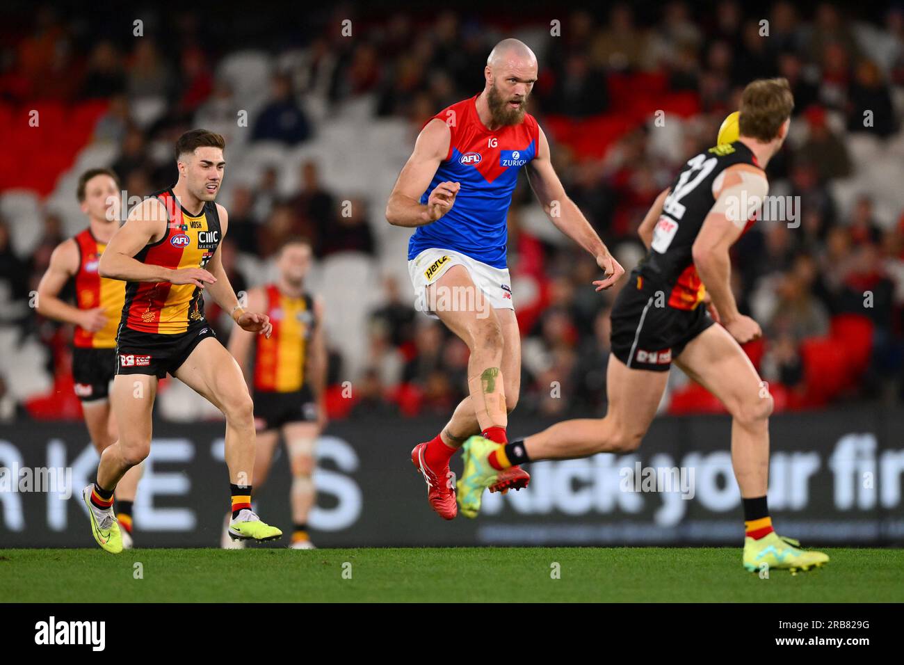 Melbourne, Australia. 08th July, 2023. Max Gawn of the Demons kicks the ball during the AFL ...