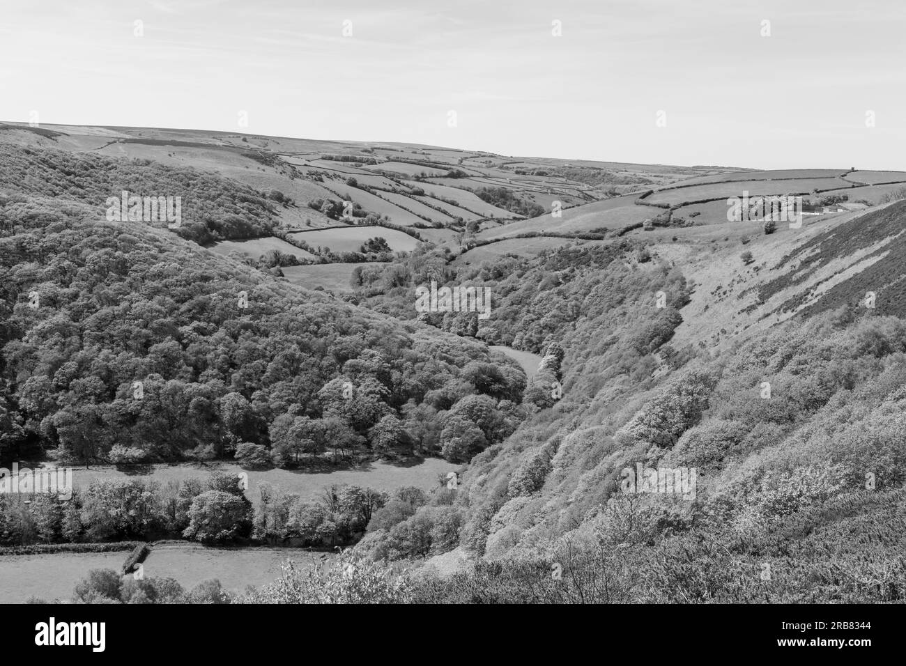 Black and white photo of the Doone valley in Exmoor National Park Stock ...