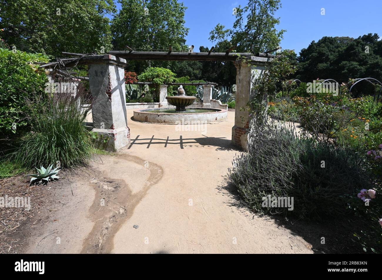 Courtyard with a water fountain and Pergola in California, USA Stock ...