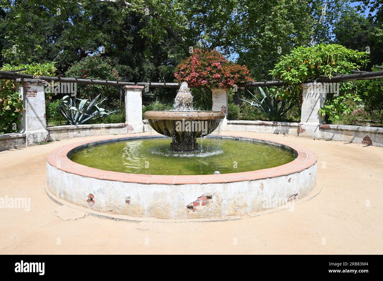 Courtyard with a water fountain and Pergola in California, USA Stock ...