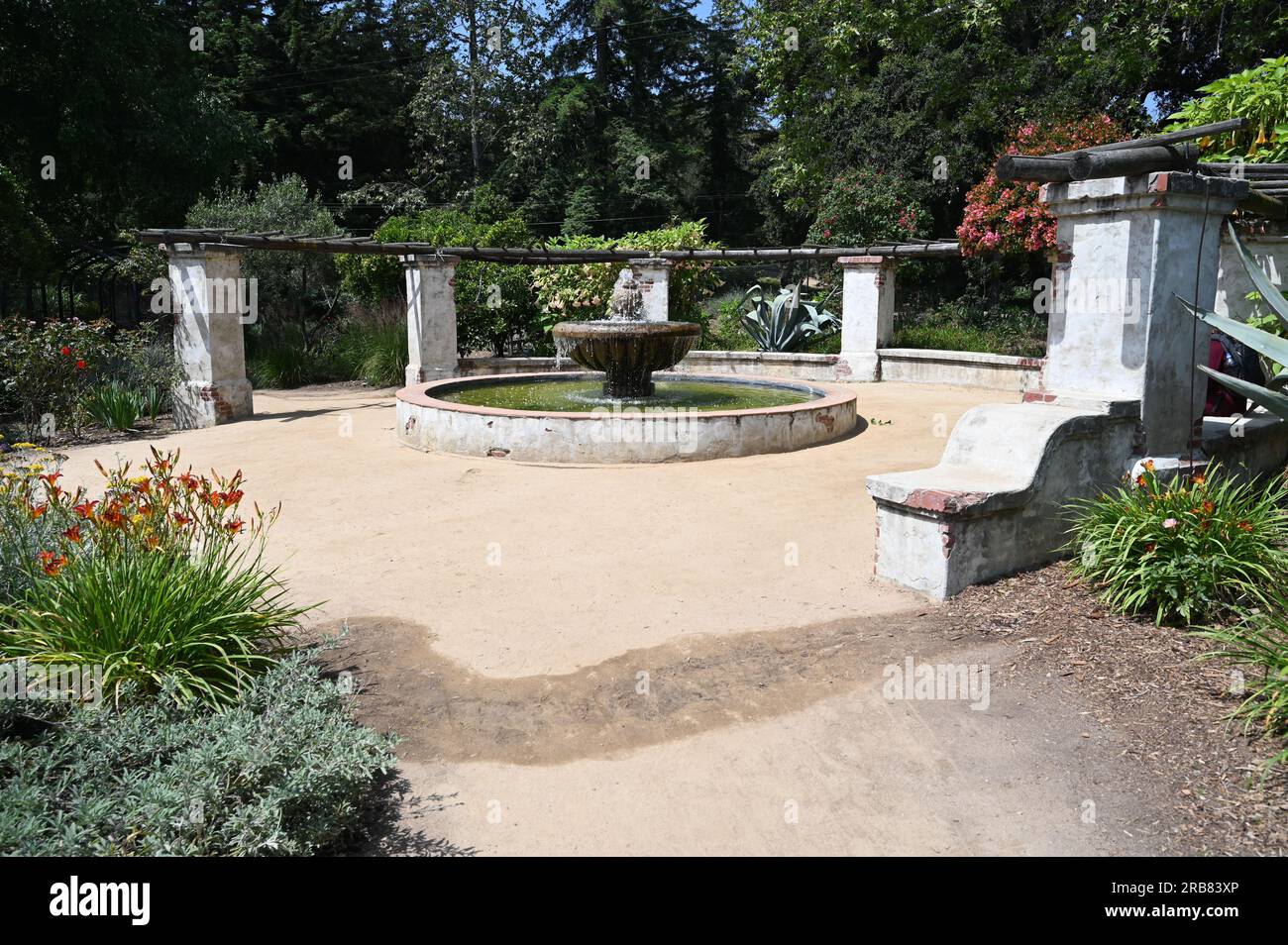 Courtyard with a water fountain and Pergola in California, USA Stock ...