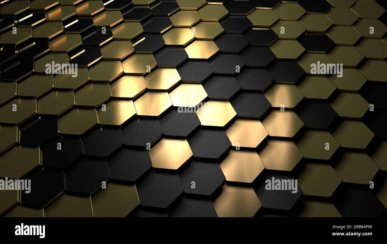Golden hexagon cell tiling, luxury metal pattern. Gold metal scales honeycomb, hexagonal ...
