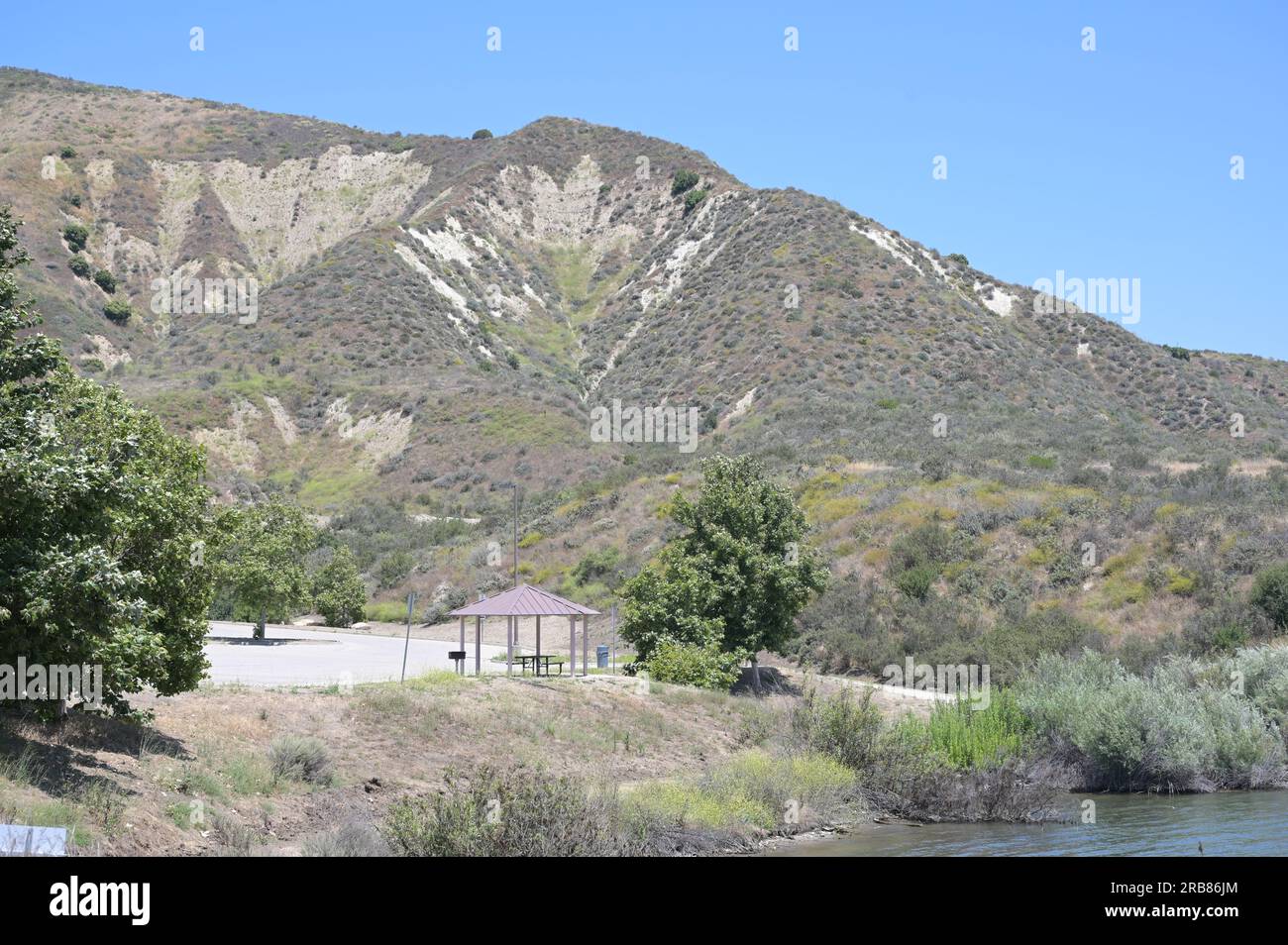 Rest area and sunshade at Lake Piru reservoir located in Los Padres National Forest and Topatopa ...