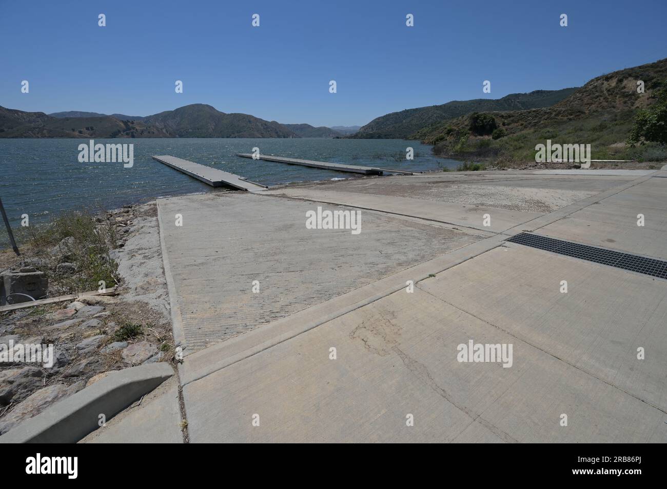 Launch ramp at Lake Piru reservoir located in Los Padres National Forest and Topatopa Mountains ...
