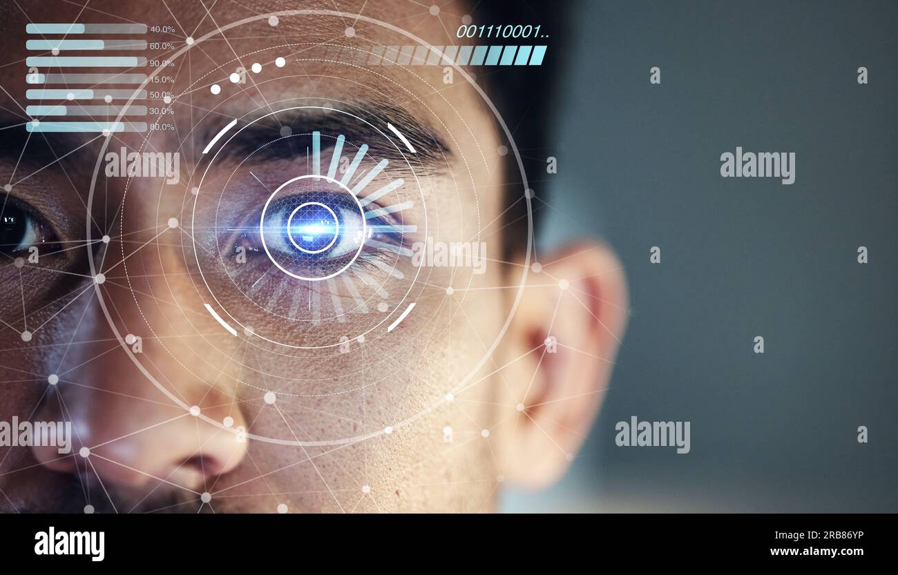 Scan hologram, eyes and face of man of biometric data, cybersecurity ...